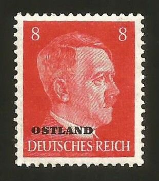 Почтовая марка Германия 3-й Рейх ном. 8 рейхспфеннигов. Оккупация. Надпечатка OSTLAND. 1943 г.