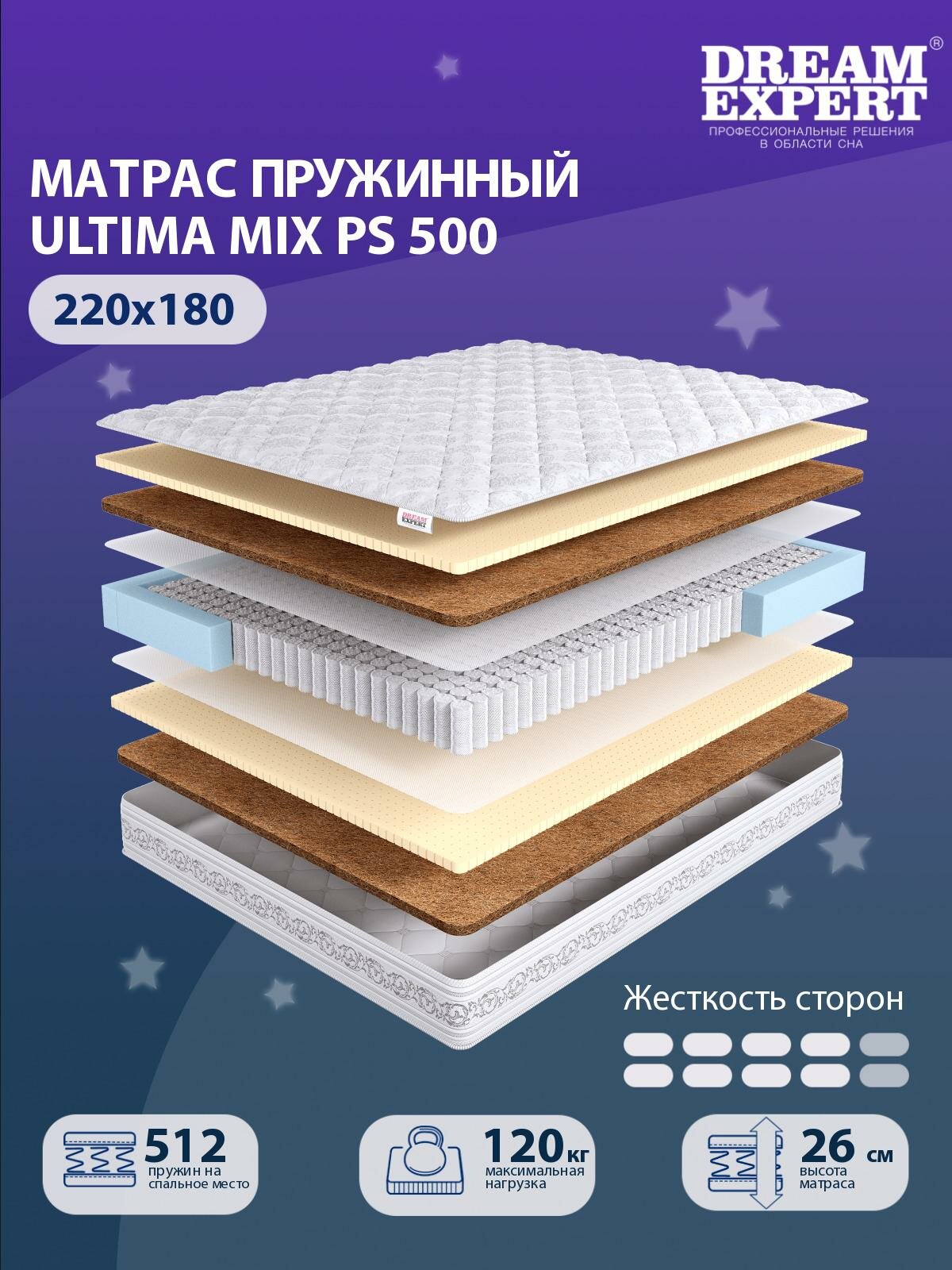 Матрас DreamExpert Ultima MIX PS500 выше средней жесткости, двуспальный, независимый пружинный блок, на кровать 220x180