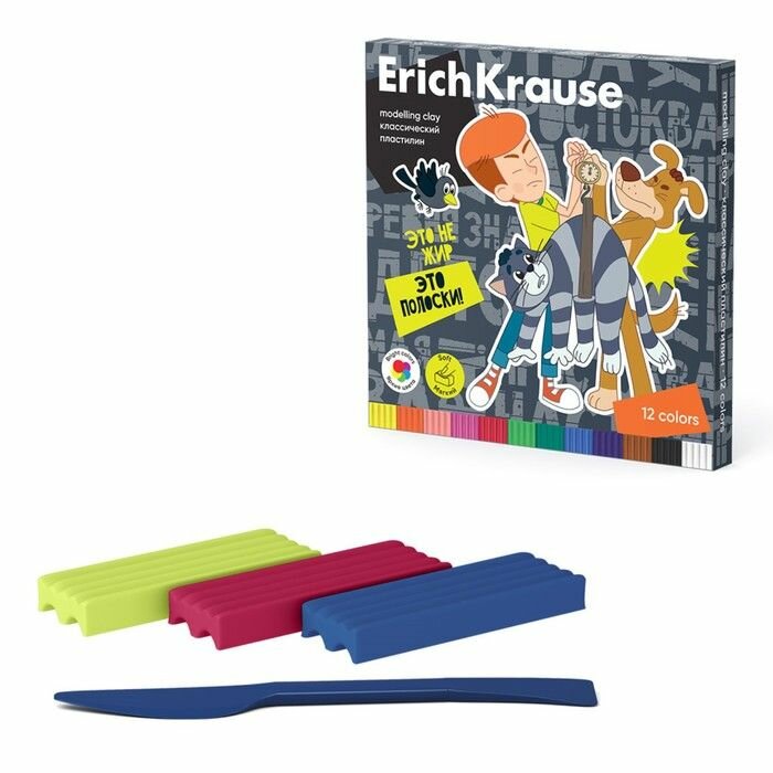 Пластилин Erich Krause 12 цветов, 180 г "Простоквашино", со стеком, в картонной упаковке