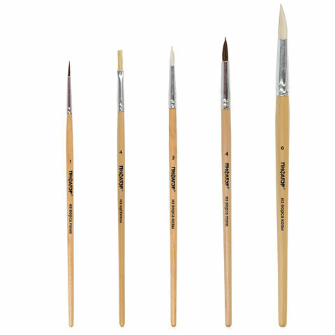 Кисти пифагор, набор 5 шт. (пони, круглые №1, 4, коза, круглые №3, 6, щетина, плоская №4), блистер, 200892