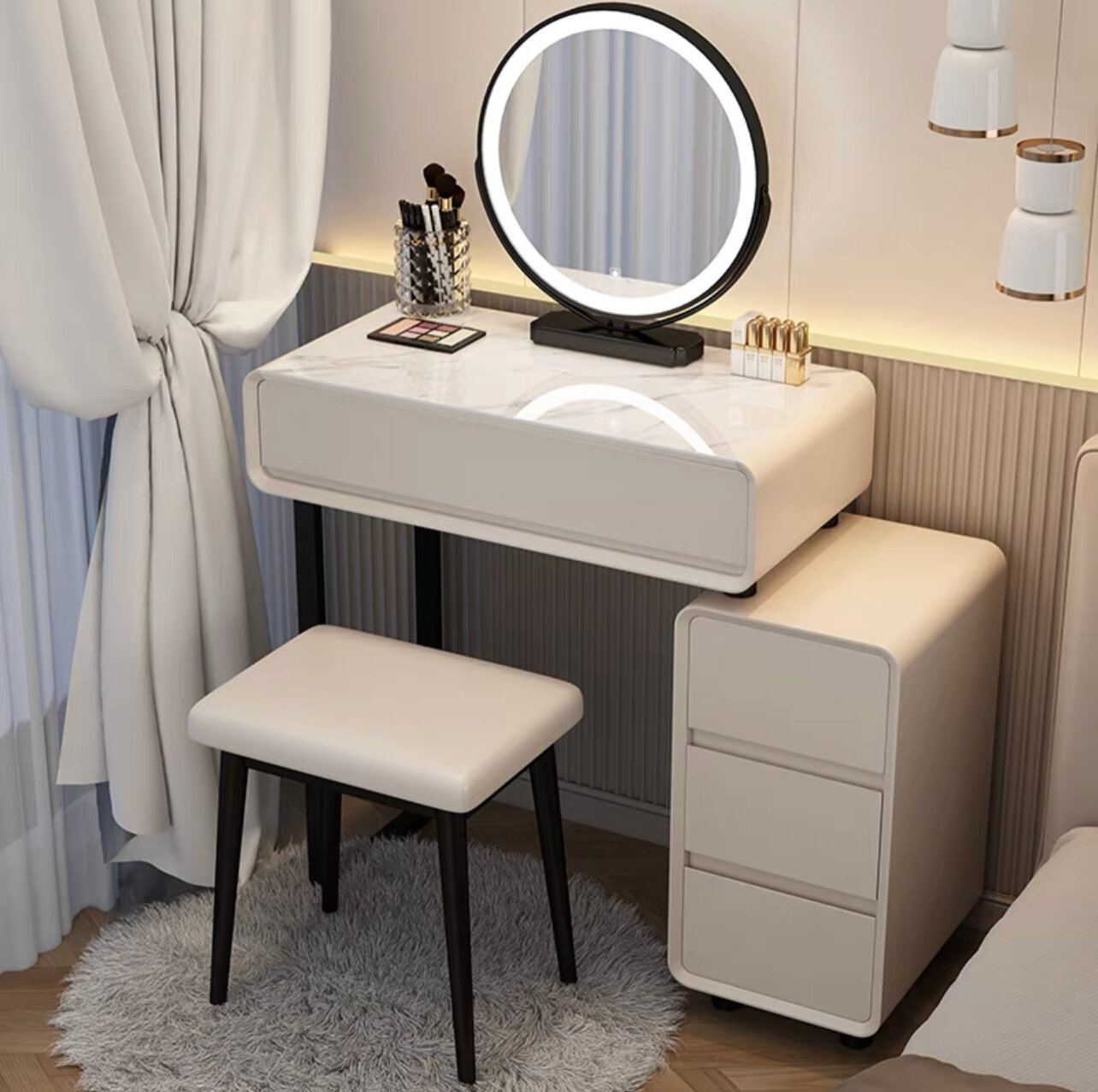 Туалетный столик Leah (Комплект белый стол 60 см / черное зеркало / форма зеркала на выбор/ столешница керамика / стул)