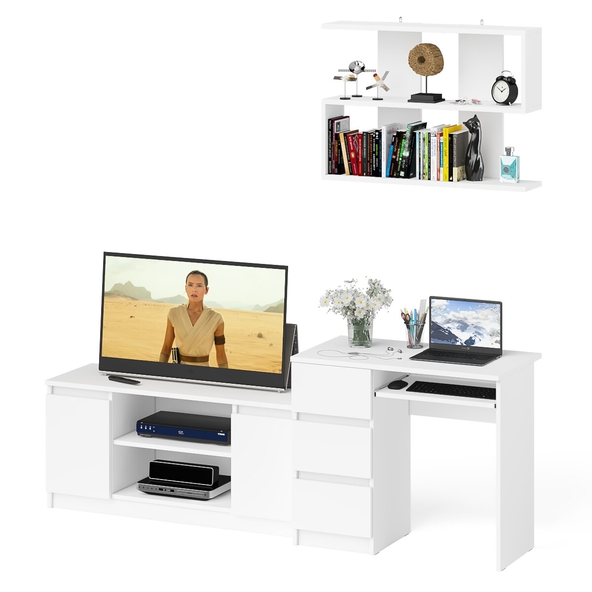 Мори стол компьютерный СВК МС-6 левый с тумбой и навесной открытой полкой белый