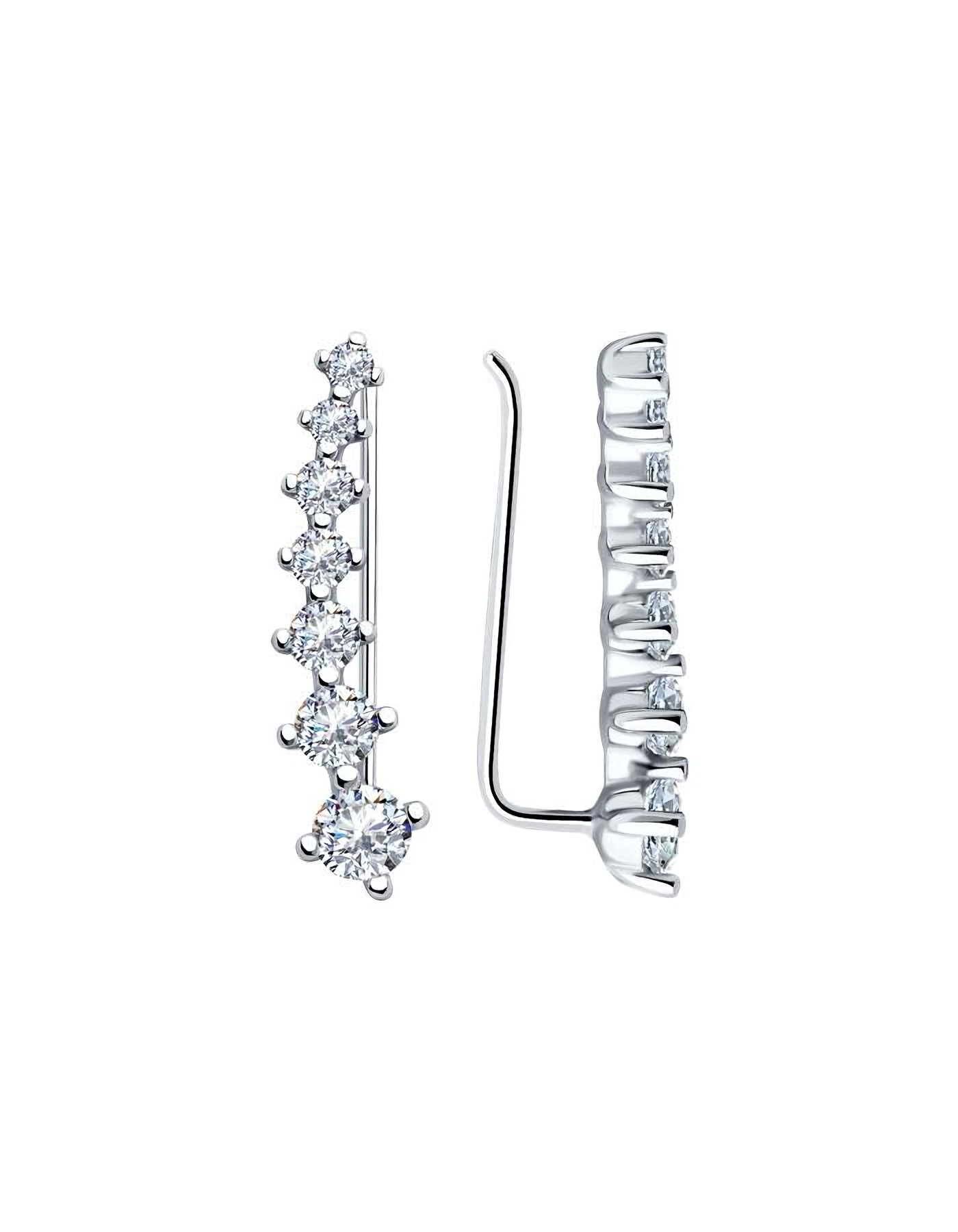 Серьги каффы, серебро, 925 проба, родирование, фианит