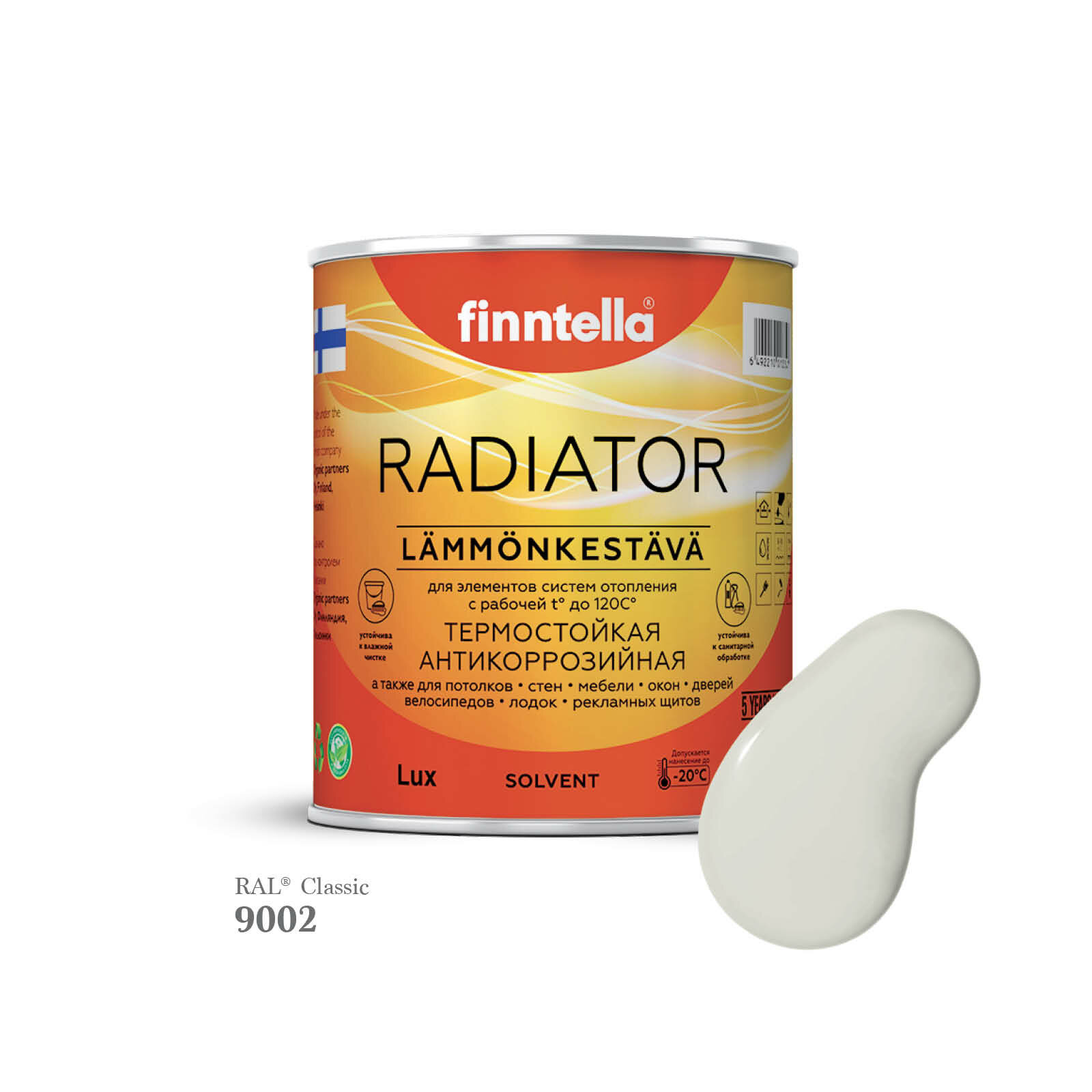 Краска для радиаторов быстросохнущая финская эмаль FINNTELLA RADIATOR, цвет RAL9002 , 0,9л