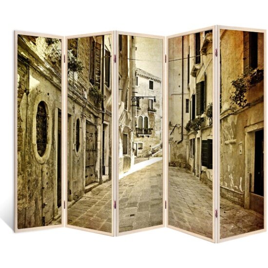Ширма перегородка Декор Депо для комнаты деревянная "Солнечная улица" двухсторонняя с картинкой (города) 5 створок кремовый дуб 176х230 см 18 кг