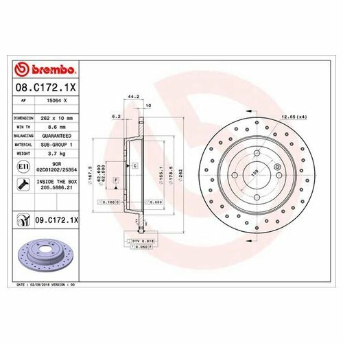 Тормозной диск задний Brembo 08C1721X для Hyundai Accent IV, i20; Kia Rio III, IV, Stonic