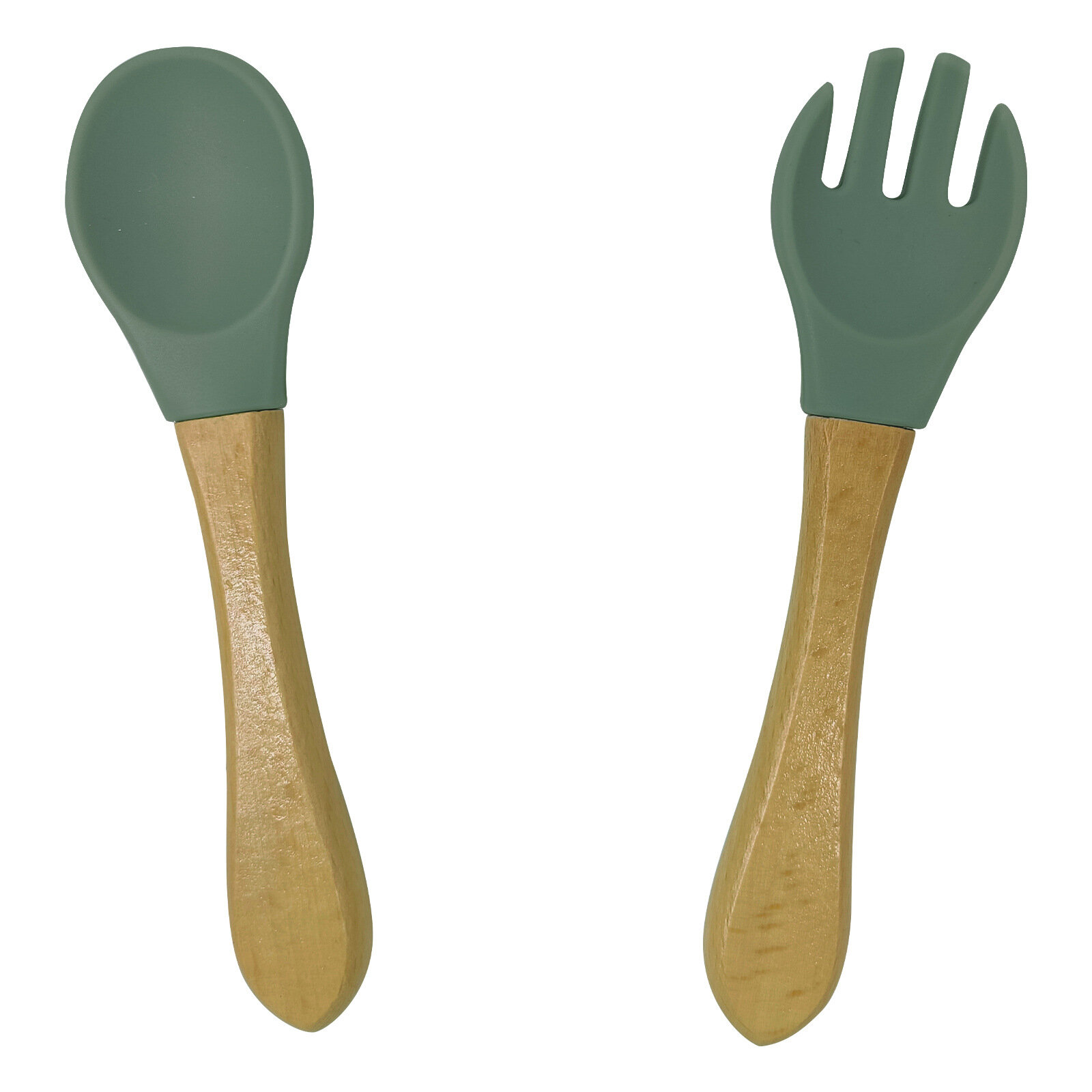 Силиконовый набор ложка и вилка для малышей с деревянной ручкой, цвет медно-зеленый