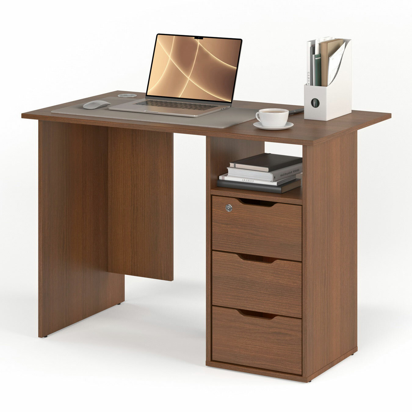 Письменный стол с тремя ящиками 107х52 см МагМебель №53 тумба справа орех