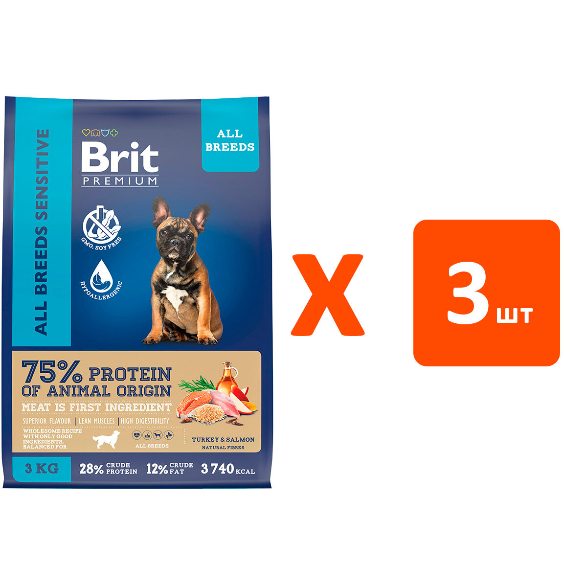 BRIT PREMIUM DOG ADULT SENSITIVE для взр собак всех пород с чувст пищ с лососем и индейкой NEW 3 кг х 3 шт