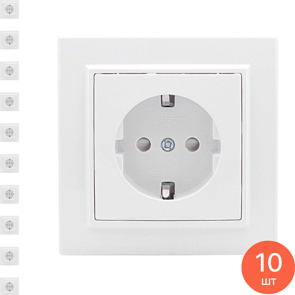 Розетка силовая штепсельная EKF / ЭКФ Basic Минск 2Р+РЕ, 16А 230В IP20, белый, одноместная с заземлением, защитными шторками, скрытая установка ERR16-028-100 / электрооборудование (комплект из 10 шт)