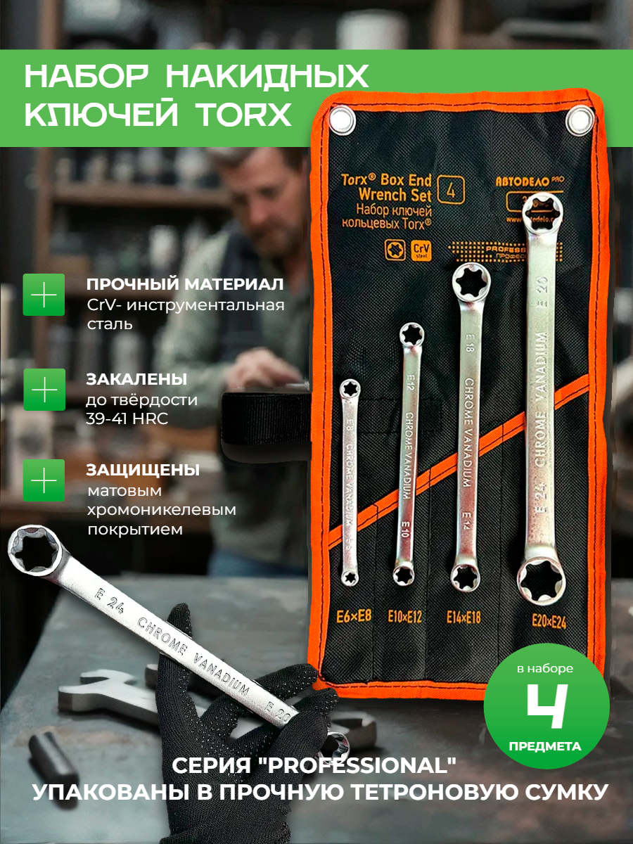 Набор накидных ключей TORX E6-E24 АвтоDело Professional 4шт. сумка 38040