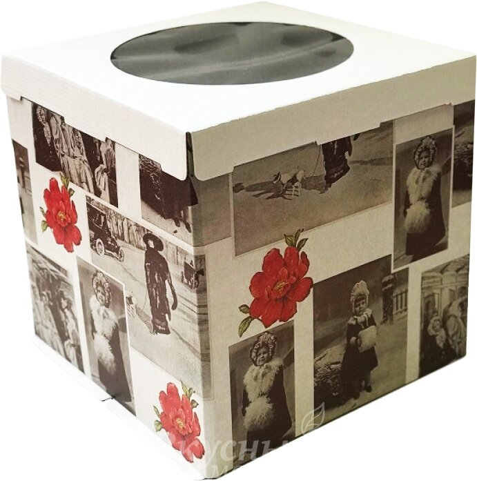 Упаковка для торта на 3-4 кг. 30х30х30 высокая с круглым окошком Нью-Йорк (Набор из 3 шт.)