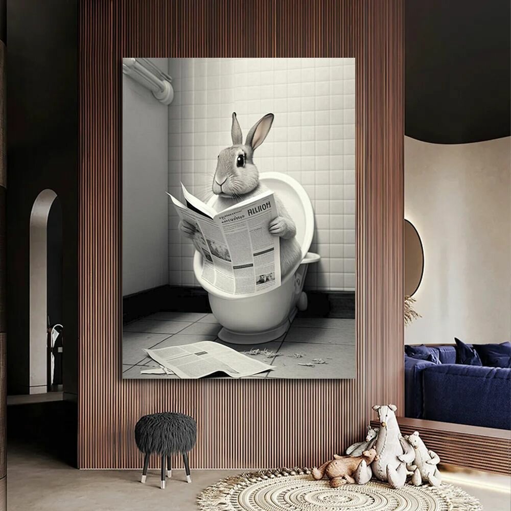 Картина в туалет, ванную комнату, Кролик, заяц читает газету
