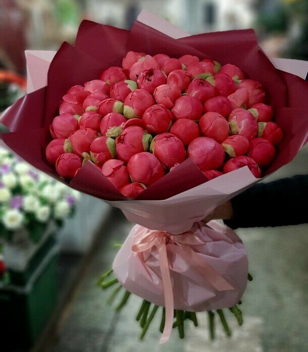 Монобукет Well Flowers "Корал Шарм", 51 пиона, 50 см, букет свежих цветов