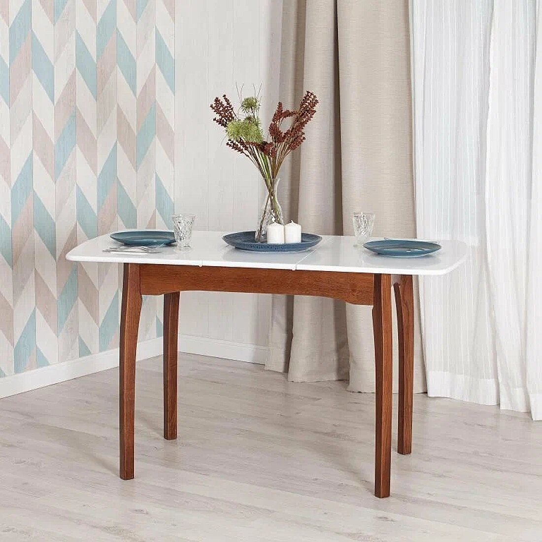 Стол обеденный раздвижной кухонный прямоугольный CATERINA, бук, мдф,100+30x70x75 см, коричневый/белый