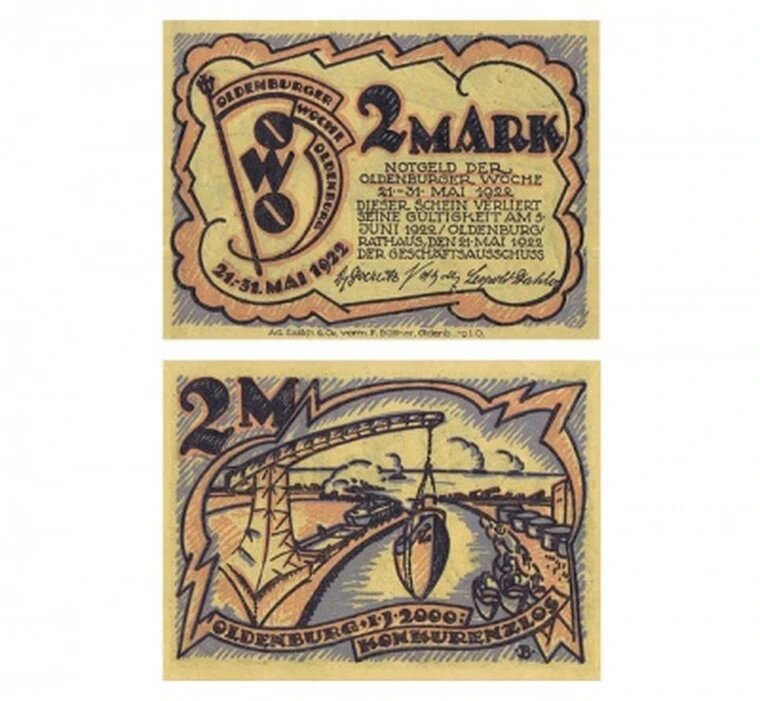 Германия 2 марка 1922 Ольденбург, сувенирная копия нотгельда, банкноты и купюры редкие коллекционные