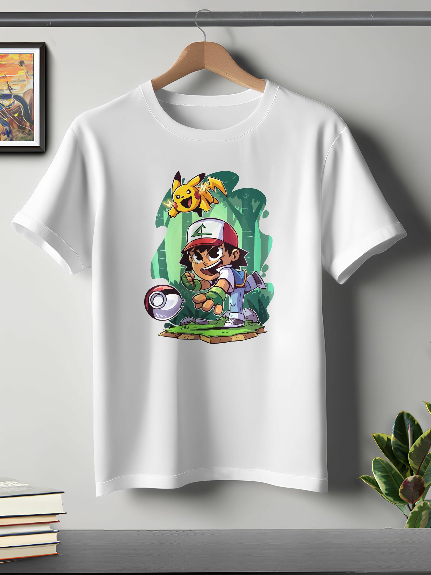 Футболка  Детская ONEQ 116 (6-7) размер с принтом Эш и Пикачу, белая