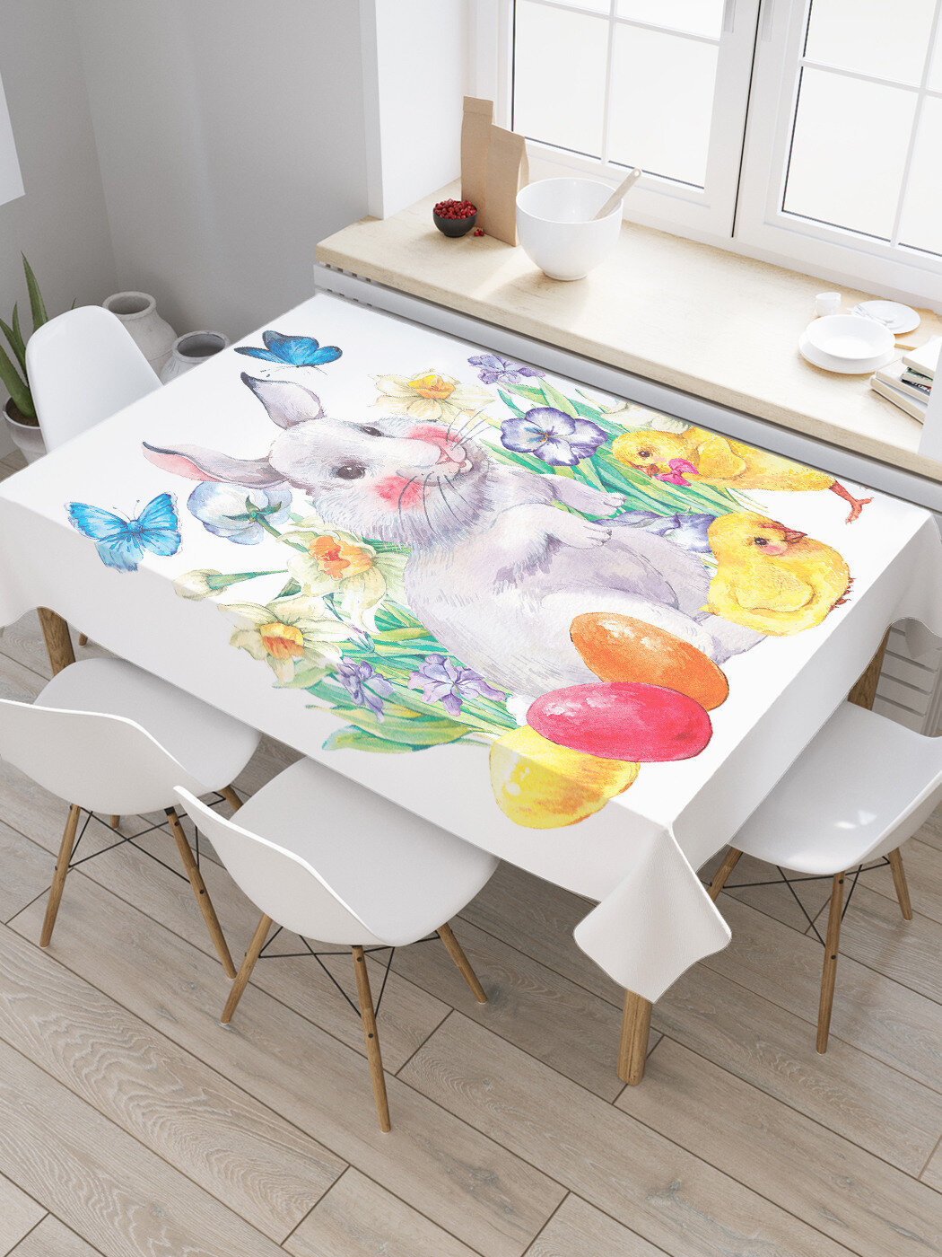 Прямоугольная водоотталкивающая скатерть на стол "Пасхальный заяц" 145х180, JoyArty