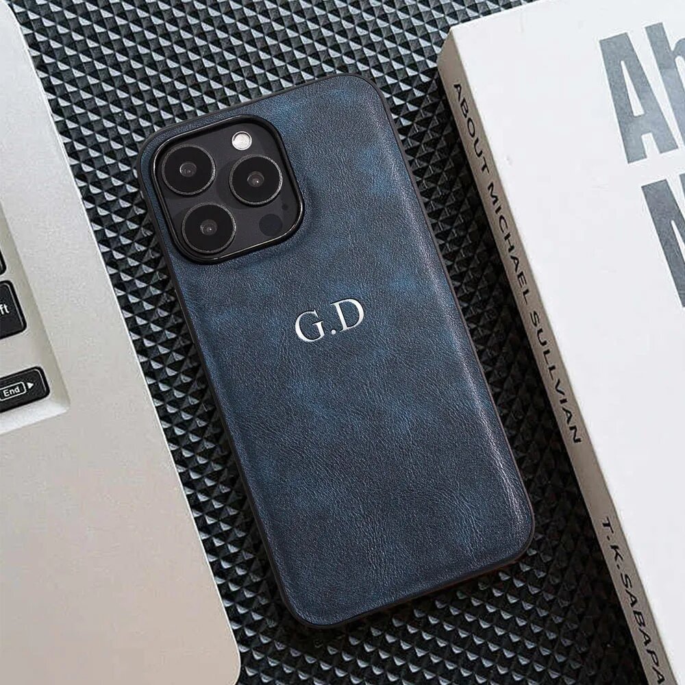 Кожаный персонализированный чехол с именем инициалами для iPhone 17, Air 16, 15, 14, 13, 12, 11 Pro Max Plus, роскошный чехол с гравировкой «сделай сам» Серый, Для iPhone 16 Про, Blue-Silver