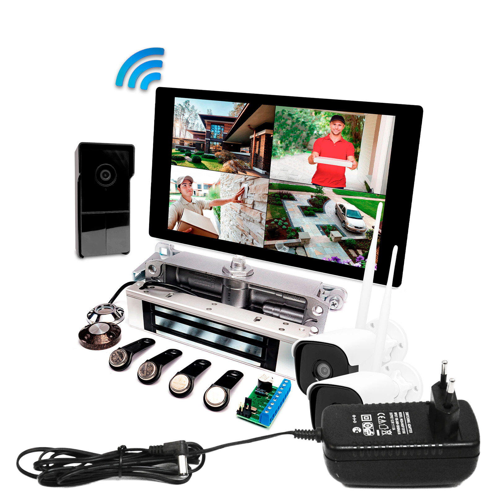 Беспроводной домофон TUYA с 2 камерами и замком - Sky-Net 1000 (1+2+400G): HD Wi-Fi экран 10 дюймов, вызывная панель, магнитный электрозамок и 2 видео