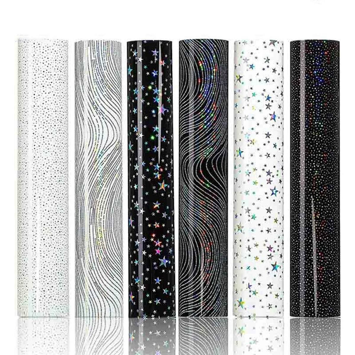 JAEEE 6 шт. 12X10 дюймов для винила Cricut черно-белый голографический узор со звездами HTV винил термопереводной ПУ термо для футболок своими руками