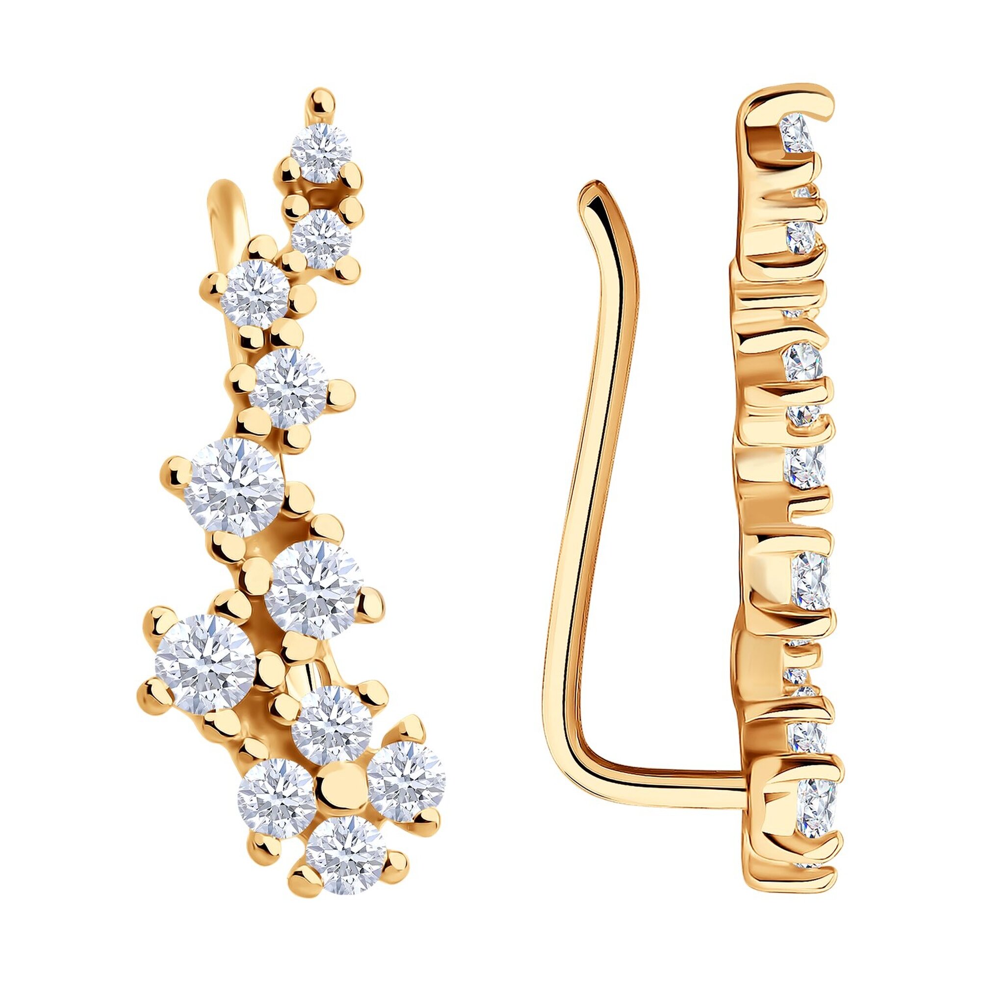 Серьги клаймберы, серебро, 925 проба, золочение, фианит