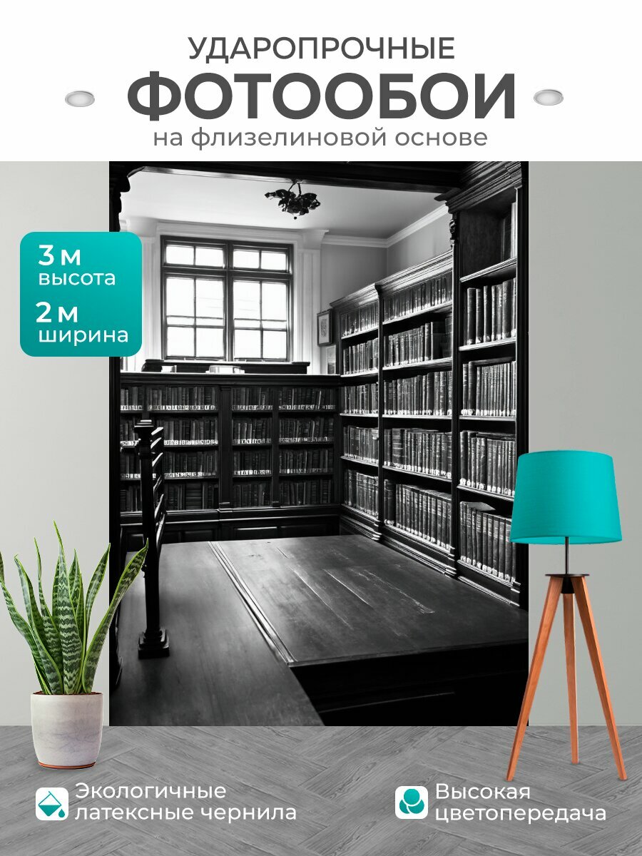 Фотообои моющиеся ударопрочные в зал, в гостинную "Ретро фотография старой библиотеки, выполненная в чёрно-белых тонах, которая добавляет интеллектуальный" 200x300 см. флизелиновые на стену