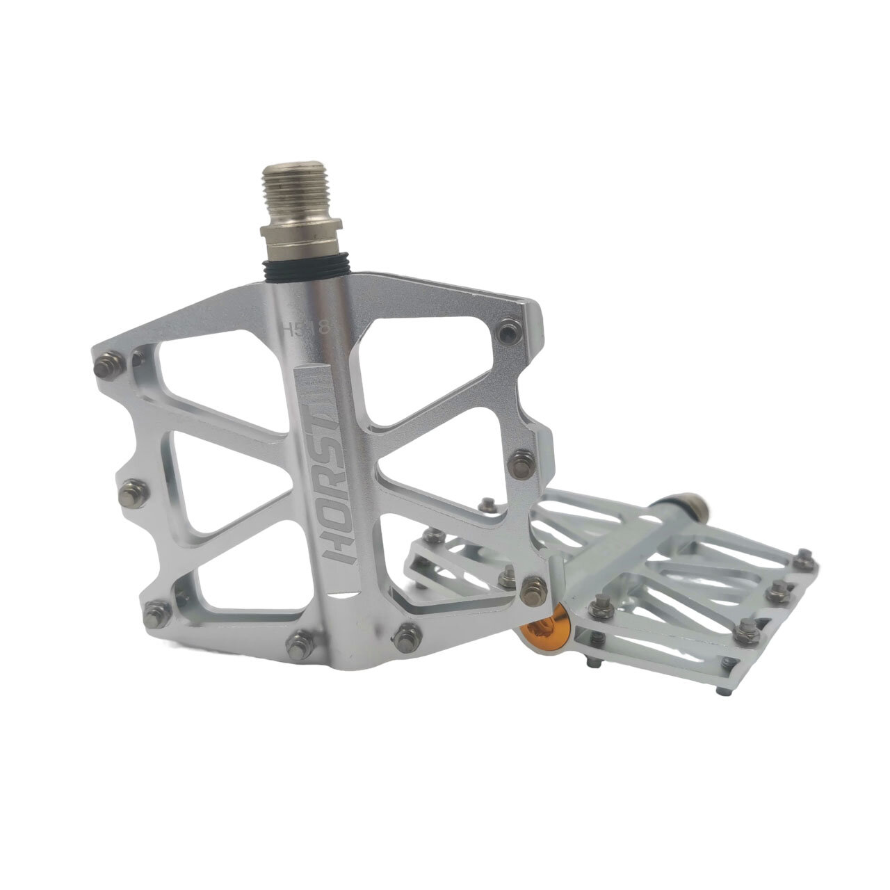 Педали алюминий H518 широкие, ось Cr-Mo на промах сменные шипы 91*101*11мм, 340 г серебро HORST