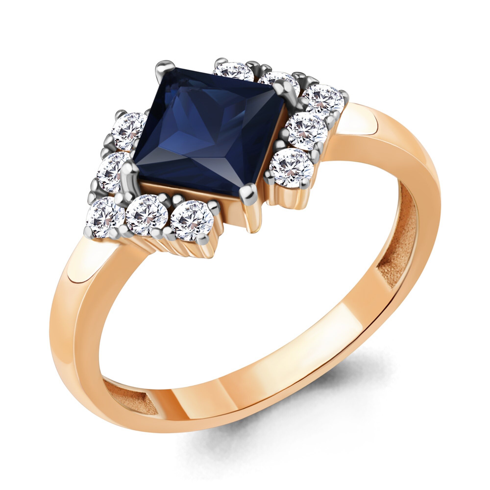 Кольцо, серебро, 925 проба, золочение, сапфир синтетический, фианит