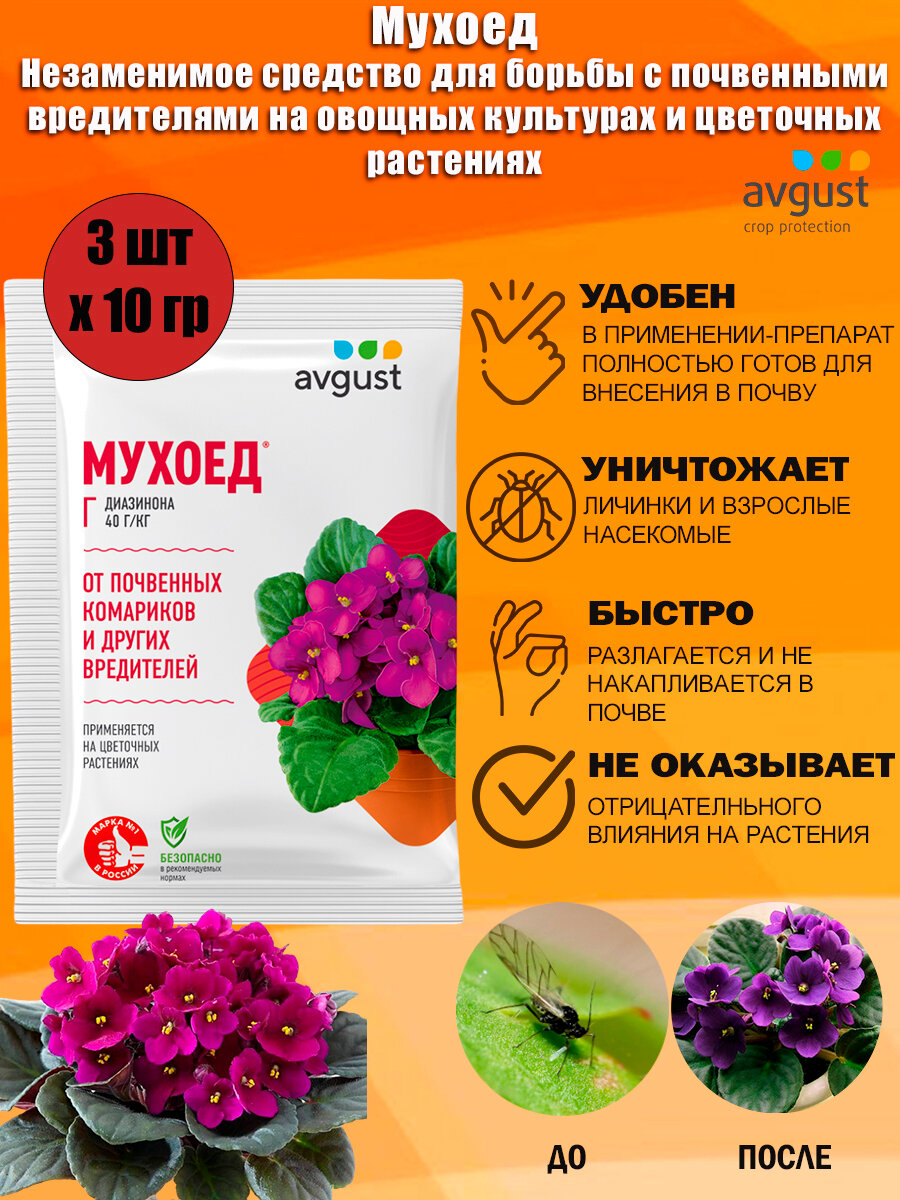 Средство Мухоед Avgust, для борьбы с почвенными вредителями на овощных культурах и цветочных растениях, 10 г