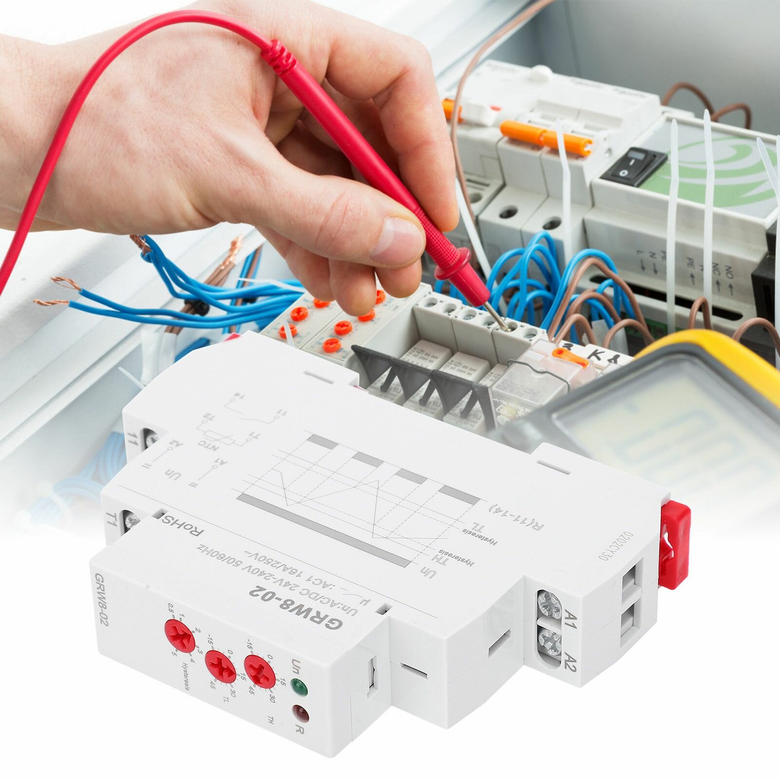 Реле контроля температуры для установки на DIN-рейку с тестовым щупом GRW8-02 AC/DC 24 240 В