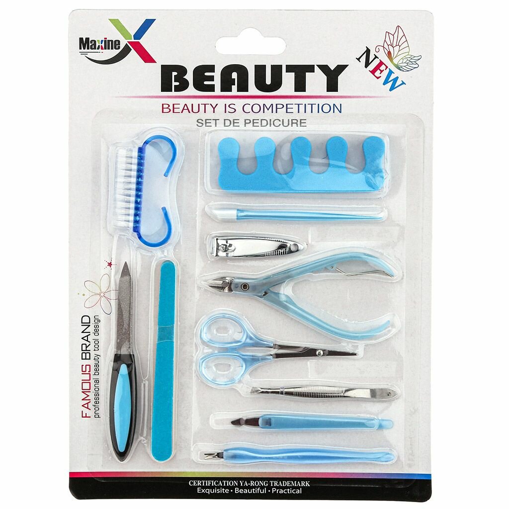 Педикюрный набор КНР 15 предметов: кусачки-книпсер, пилка, пилка 5 шт, триммер, пушер-лопатка 2 шт, ножницы, кусачки-щипчики, пинцет (X-21)