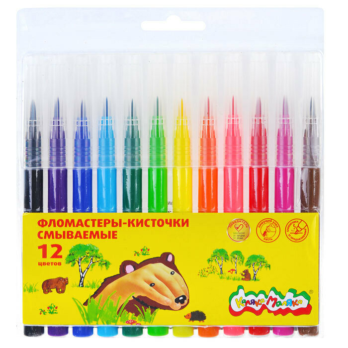 Фломастеры-кисточки Каляка-Маляка 12 цветов, вентилируемый колпачок, круглый корпус (ФККМ12)