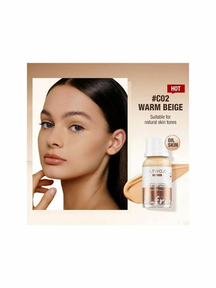 O. TWO. O, Тональный крем Foundation с матовым покрытием, в оттенке 02 Warm Beige (Теплый Бежевый), 30мл