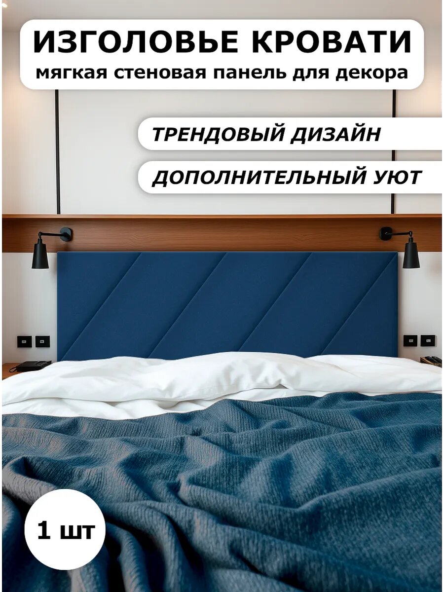 Мягкая стеновая панель 180х60 см, 1 шт темно-синий