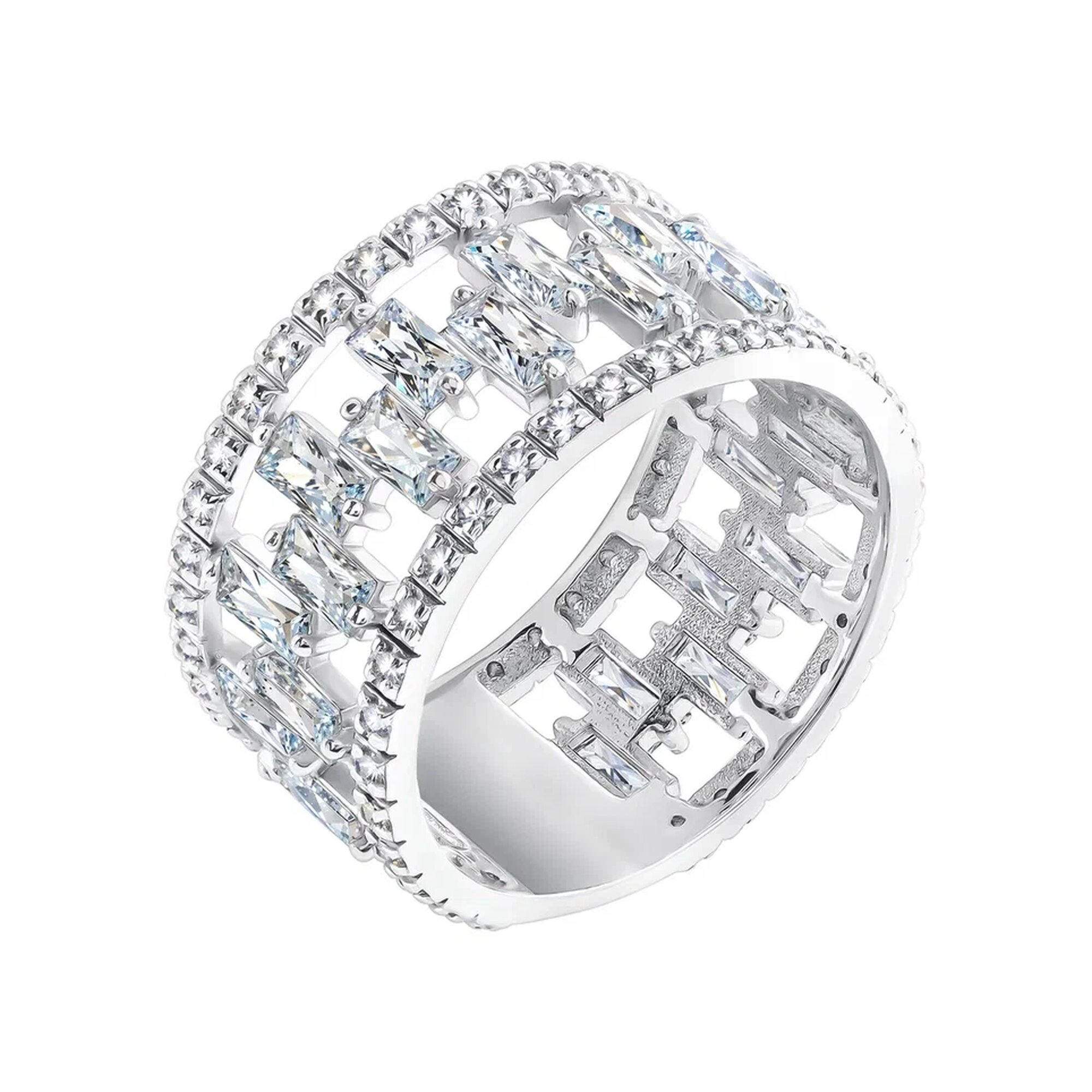 Кольцо широкое, серебро, 925 проба, родирование, фианит