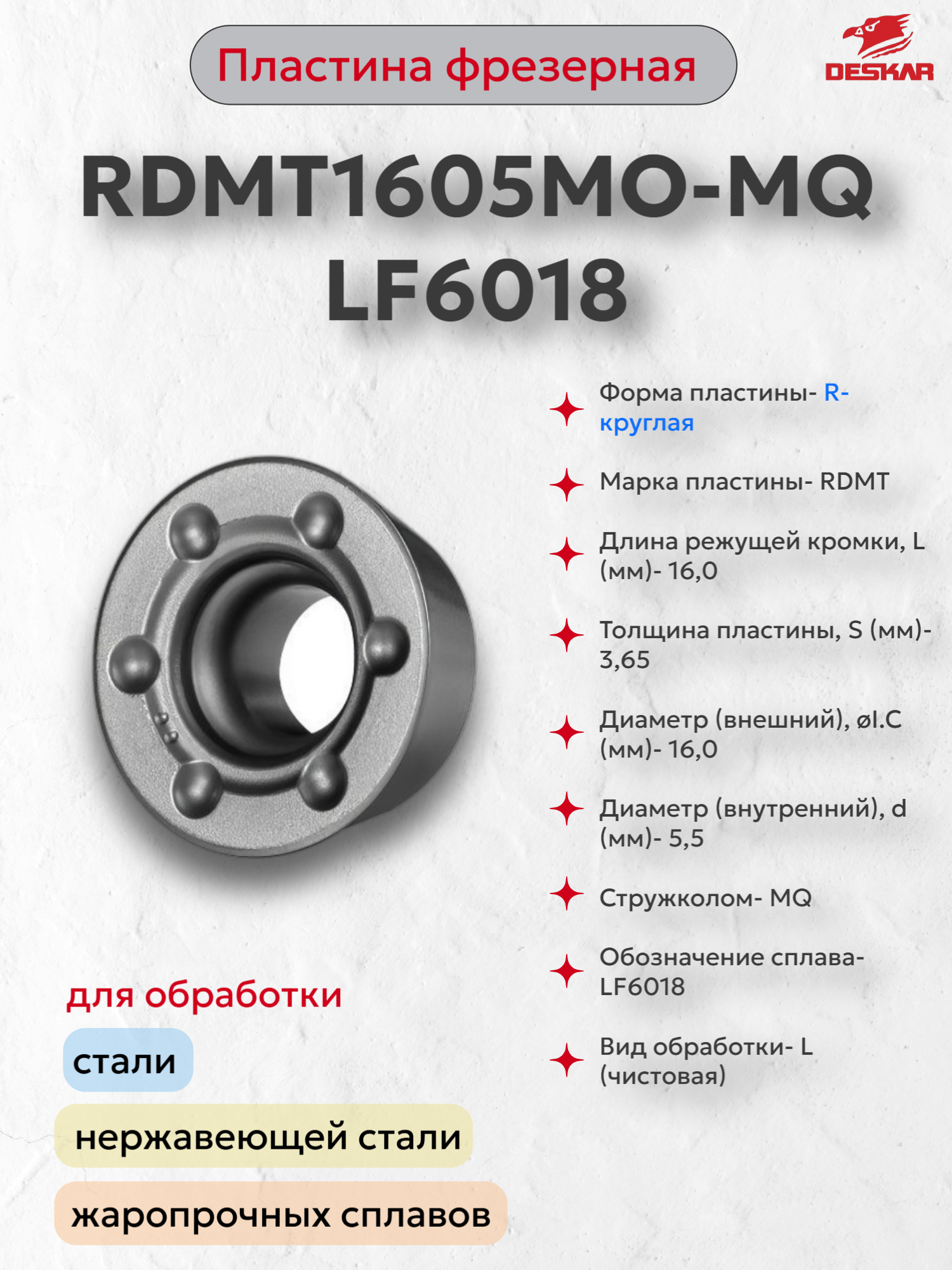 RDMT1605MO-MQ LF6018 пластина фрезерная (1 шт.) DESKAR 00-00022222