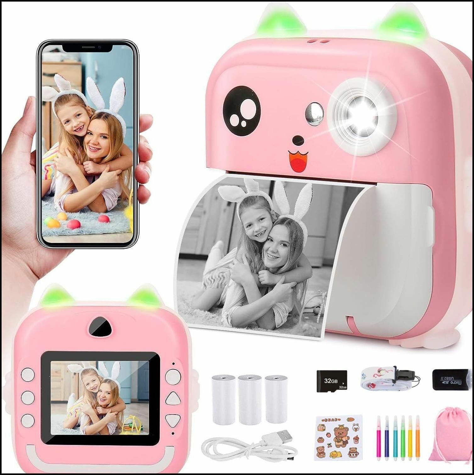 Мини-принтер, Цифровая камера мгновенной печати Kids Camera, фотография мгновенной печати 1080P HD с нулевыми чернилами с 3 рулонами фотобумаги, карта памяти на 32 ГБ