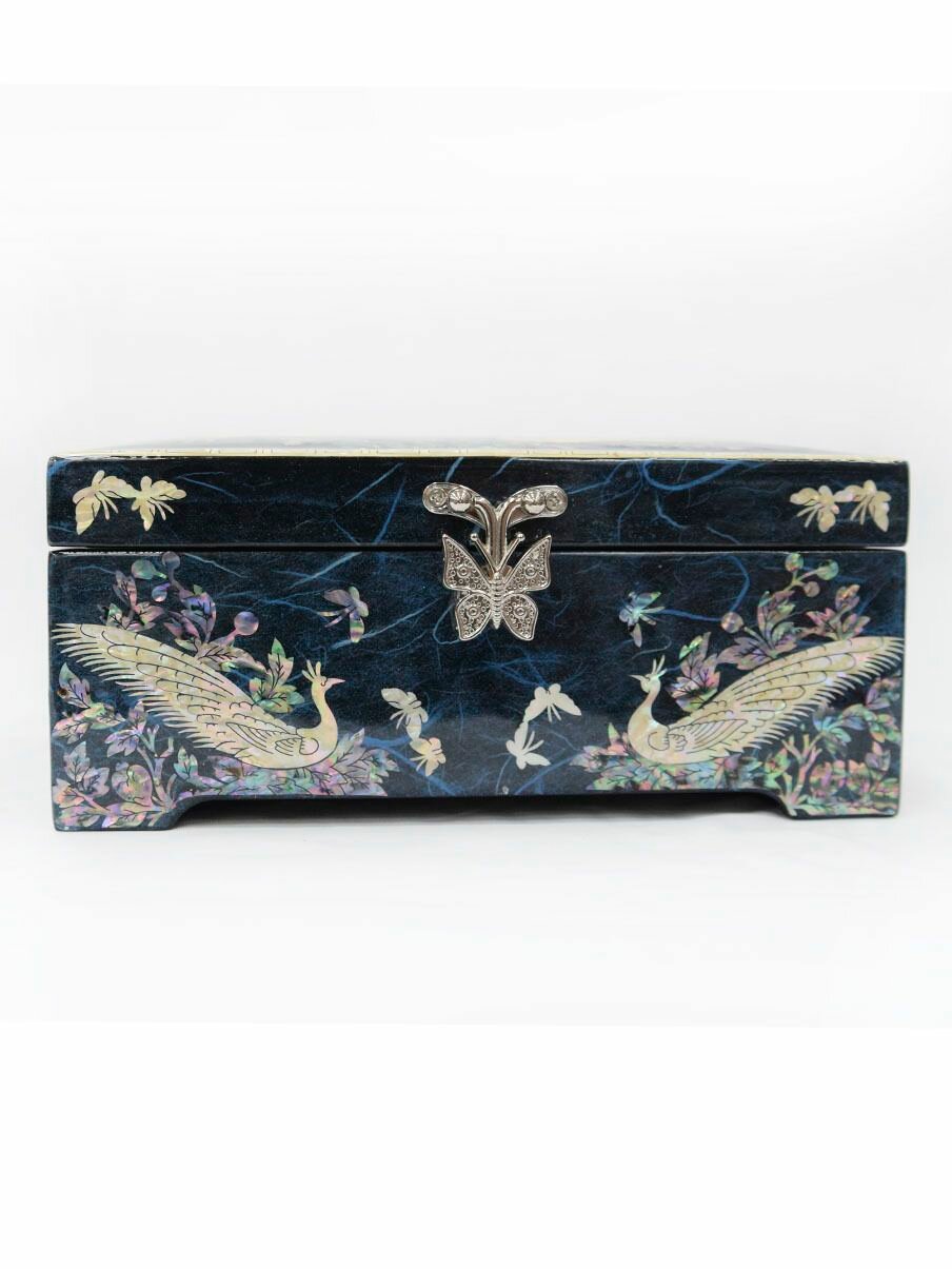 Шкатулка Павлины ручной работы синяя, Южная Корея 178х110х71мм