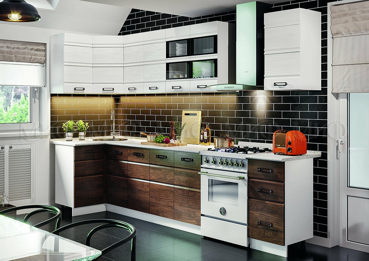 Кухня угловая Миф Техно-2 1,0х2,6м белый матовый / дерево, столешница Антарес