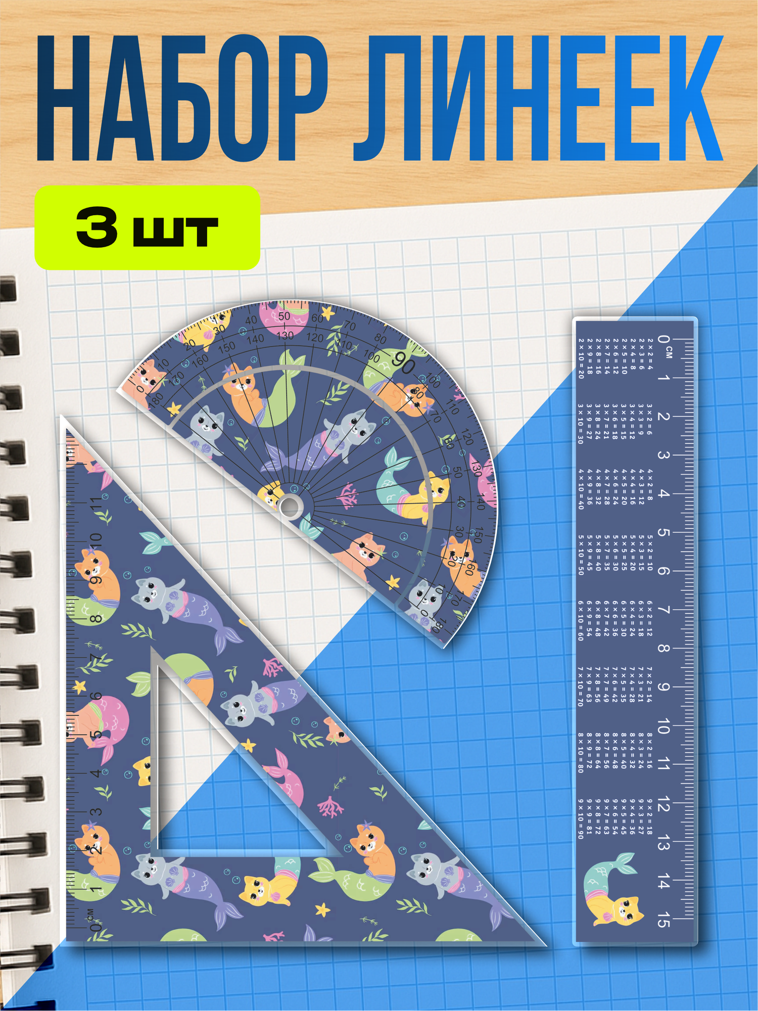 Набор линеек для школьника с транспортиром котики русалки