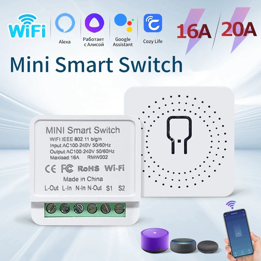 Wi-Fi Мини Smart Switch 16A, Cozy Life, Alexa, Google Assistant — фото 1