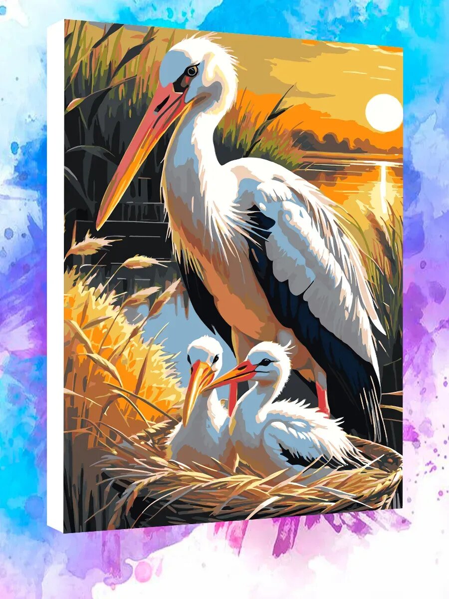Картина по номерам Аист Птицы Птенцы Закат