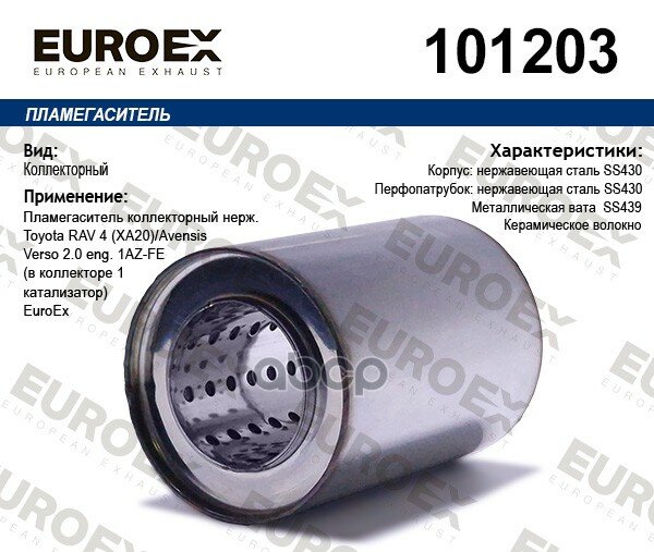 Пламегаситель коллекторный нерж. Toyota RAV 4 (XA20)/Avensis Verso 2.0 eng. 1AZ-FE (в коллекторе 1 катализатор) EUROEX EUROEX.