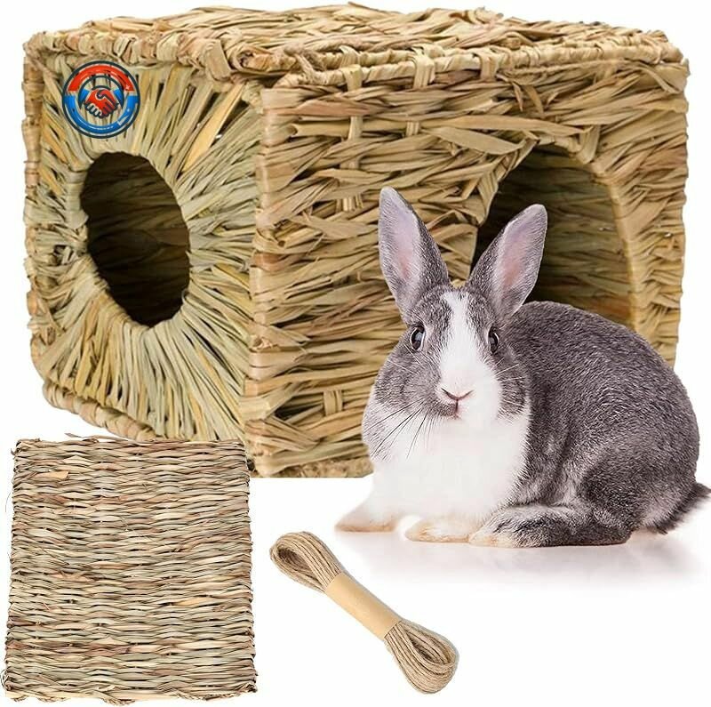 Клетка для животных с плетёной травяной пелёной, жевательной игрушкой и креплениями, уютный домик для кролика, морской свинки, шиншиллы, многофункциональное лежанка-гнездо из натуральных материалов