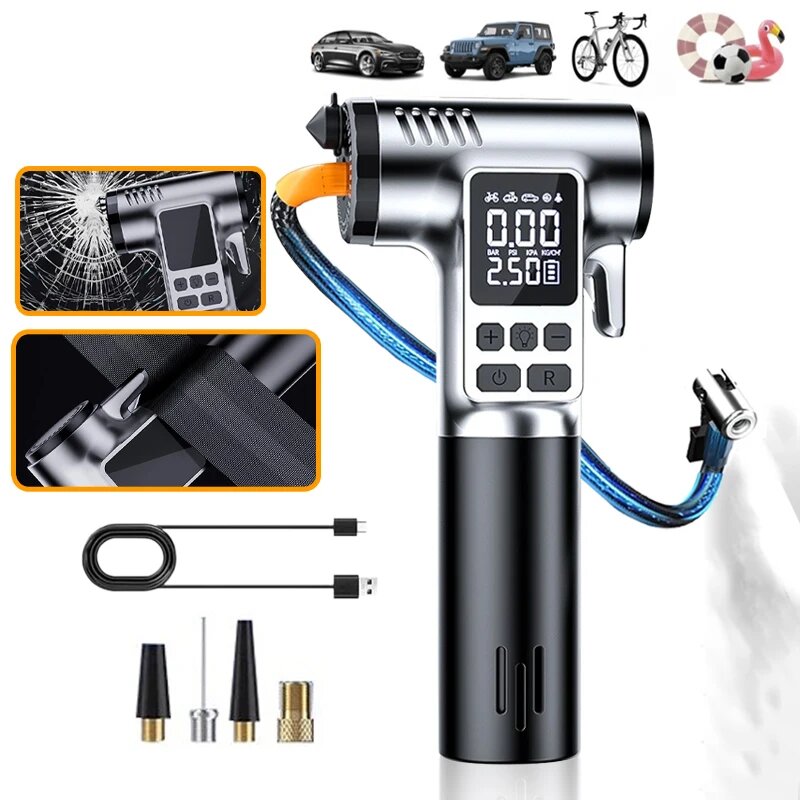 EAFC Беспроводной автомобильный воздушный насос 150PSI с цифровым дисплеем, воздушный компрессор с насосом, безопасный молоток, оконный выключатель, насос для резки ремней безопасности, Питание от аккумулятора, 150PSI