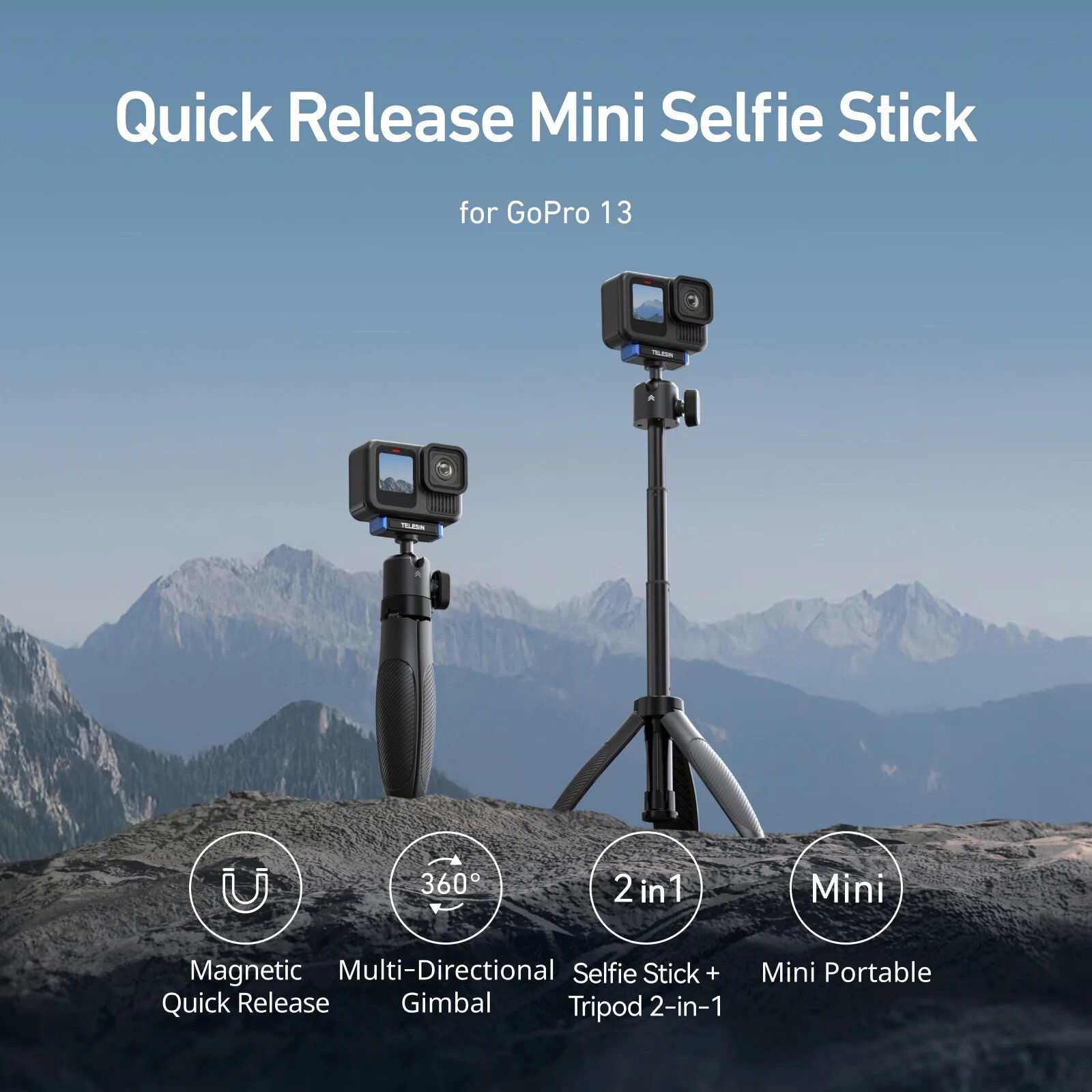 Мини-палка для селфи TELESIN для GoPro Hero 13