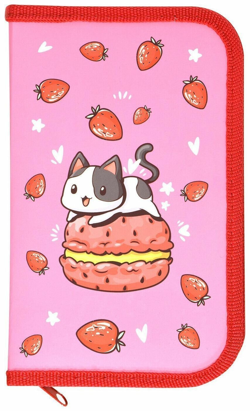 Пенал односекционный Schoolformat STRAWBERRY CAT 190х90х25 мм розовый картон, полиэстер