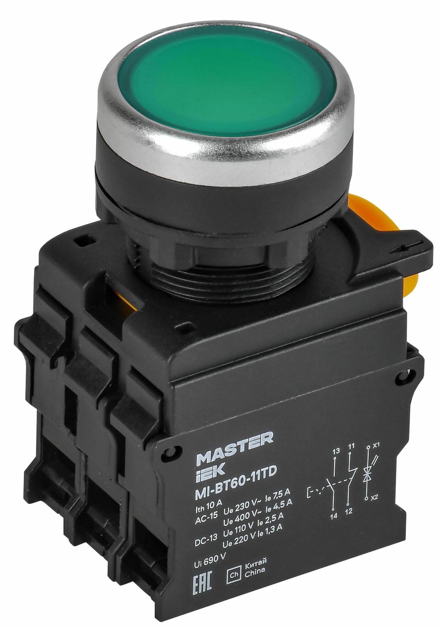 Кнопка управления IEK Master, с подсветкой и фиксацией, диаметр 22 мм, 1NO 1NC, зелёная