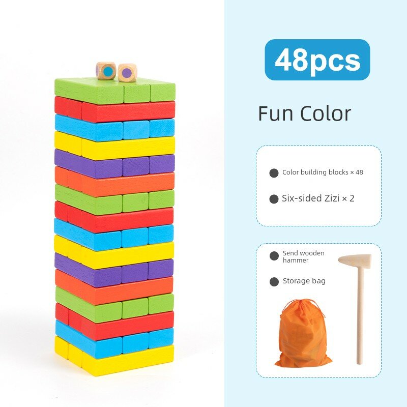 Цветная деревянная игра Jenga с 48 деталями, включая молоток и сумку для хранения для детей